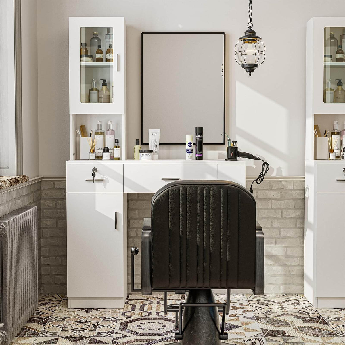 Paddie Wall Mount Styling Station with Glass Cabinet